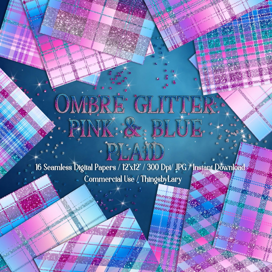 16 Seamless Ombre Blue Pink Purple Glitter Plaid Tartan Digital Papers ...