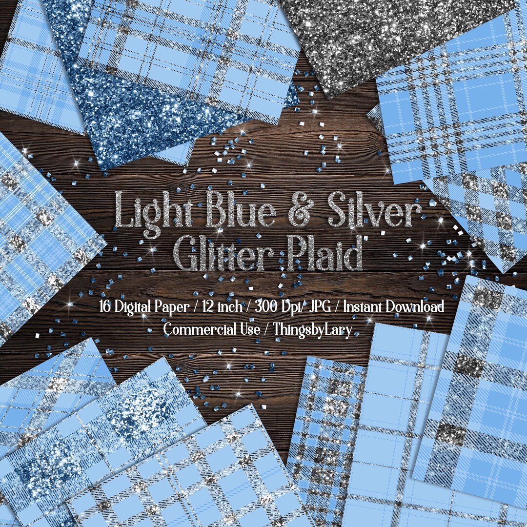 16 Luxury Silver and Light Blue Glitter Plaid Tartan Digital Paper Pack ...