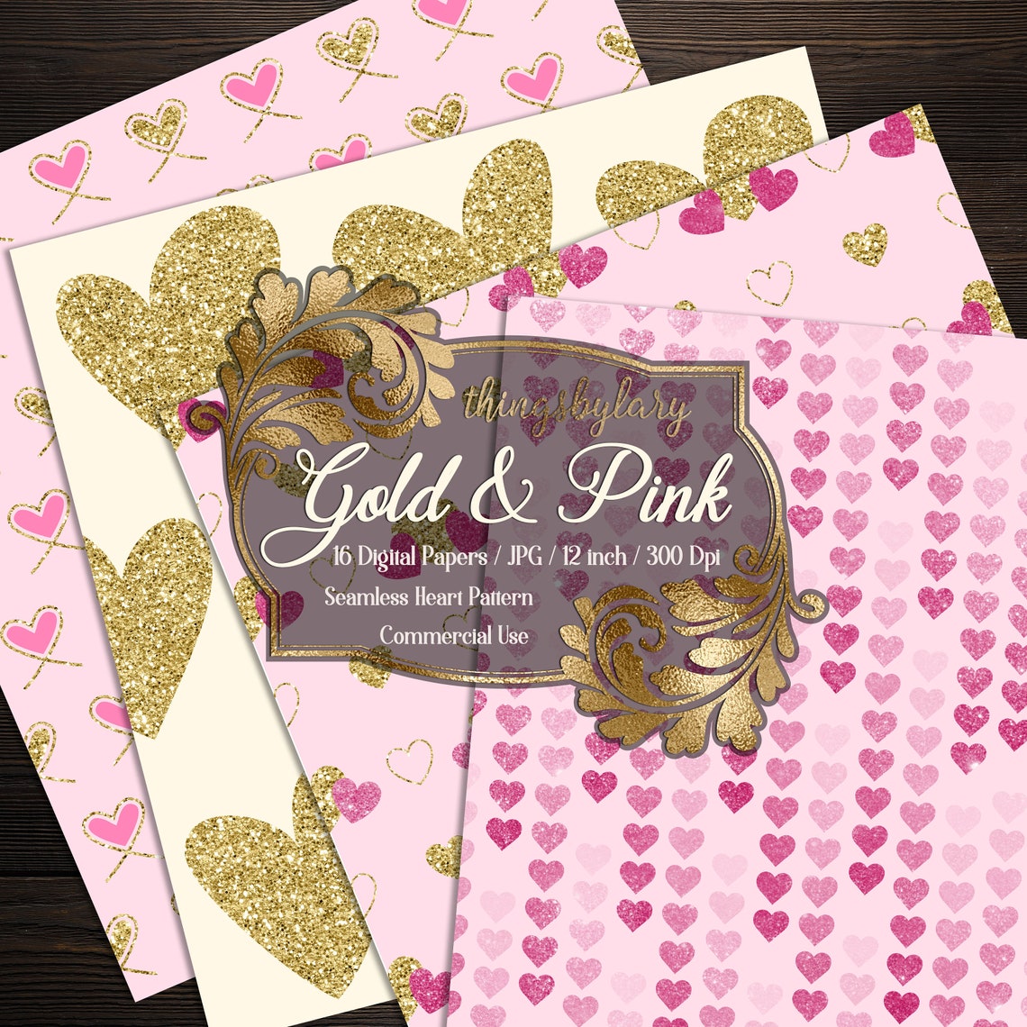 16 Gold Glitter and Pink Heart Digital Papers Commercial Use - Etsy