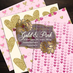 16 Gold Glitter and Pink Heart Digital Papers Commercial Use, Glitter ...