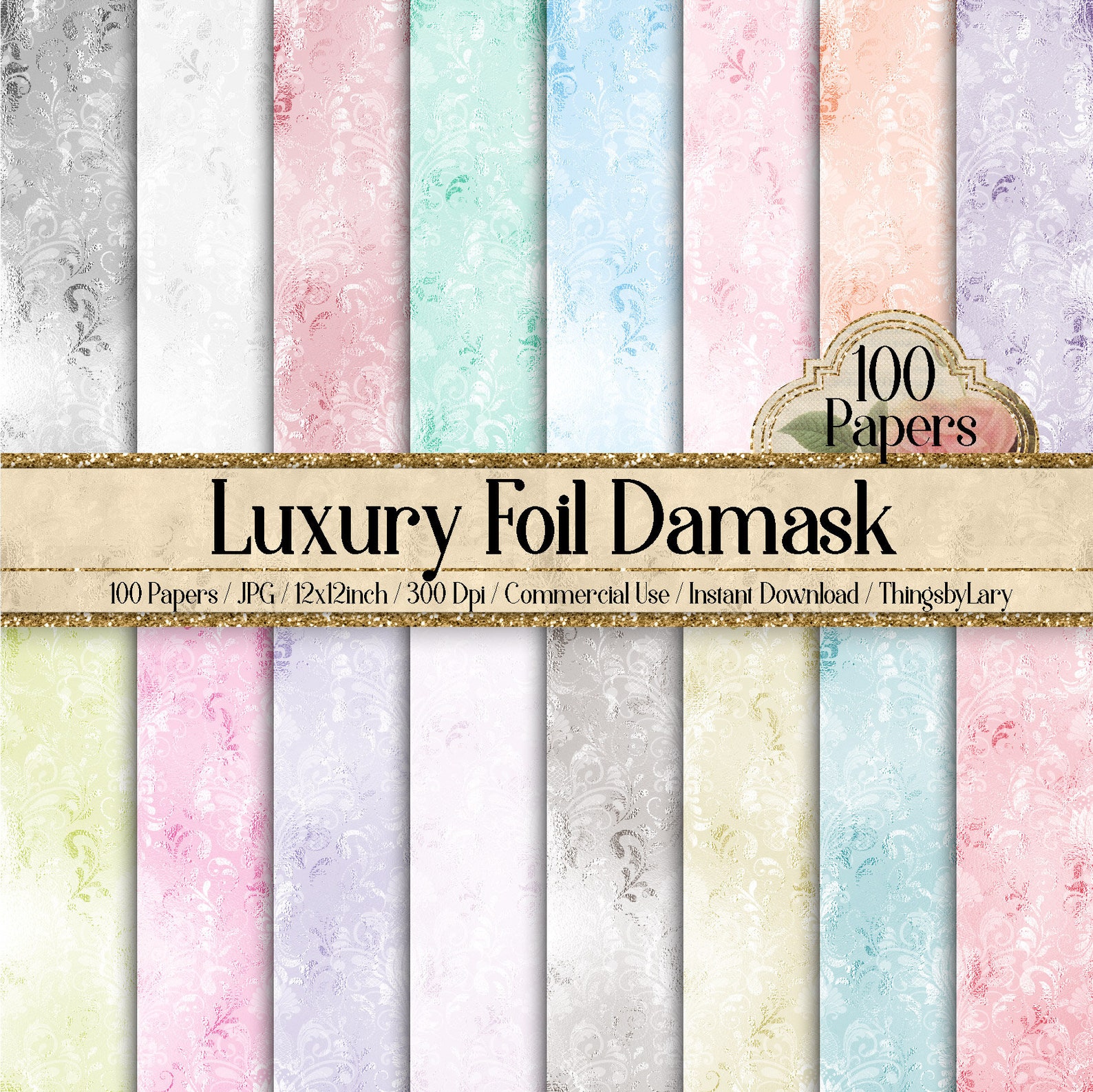 100 Soft Luxury Foil Damask Digital Papers 12x12" 300 Dpi Planner ...