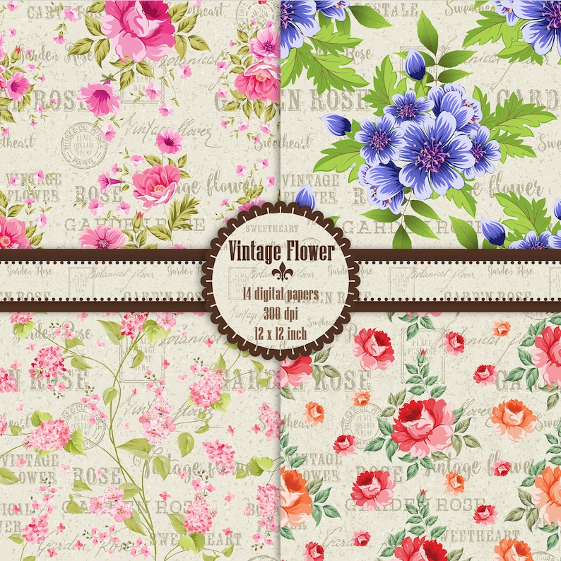 14 Vintage Flower Digital Papers 12", Flower Digital Paper, Vintage ...