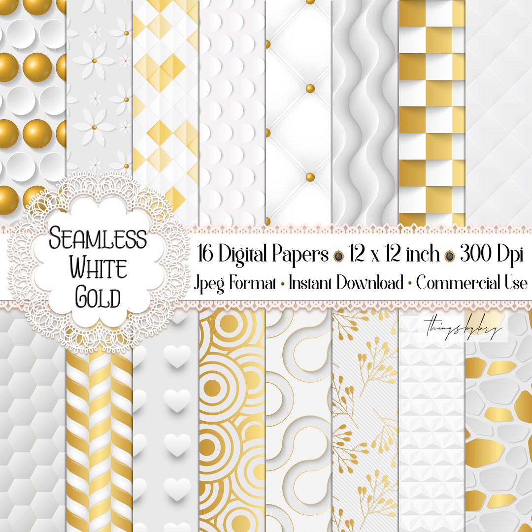16 Seamless White Gold Digital Papers 12" 300 Dpi Commercial Use ...