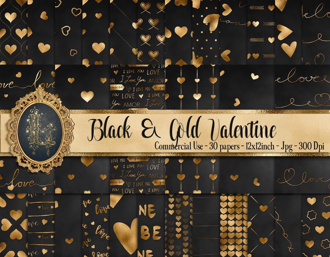 30 Black and Gold Valentine Heart Love Digital Papers 12 Inch 300 Dpi ...