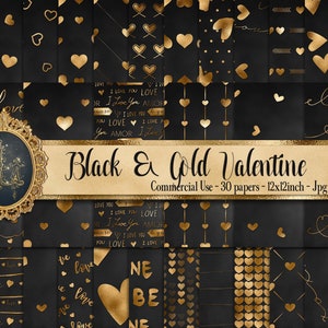 30 Black and Gold Valentine Heart Love Digital Papers 12 Inch 300 Dpi ...