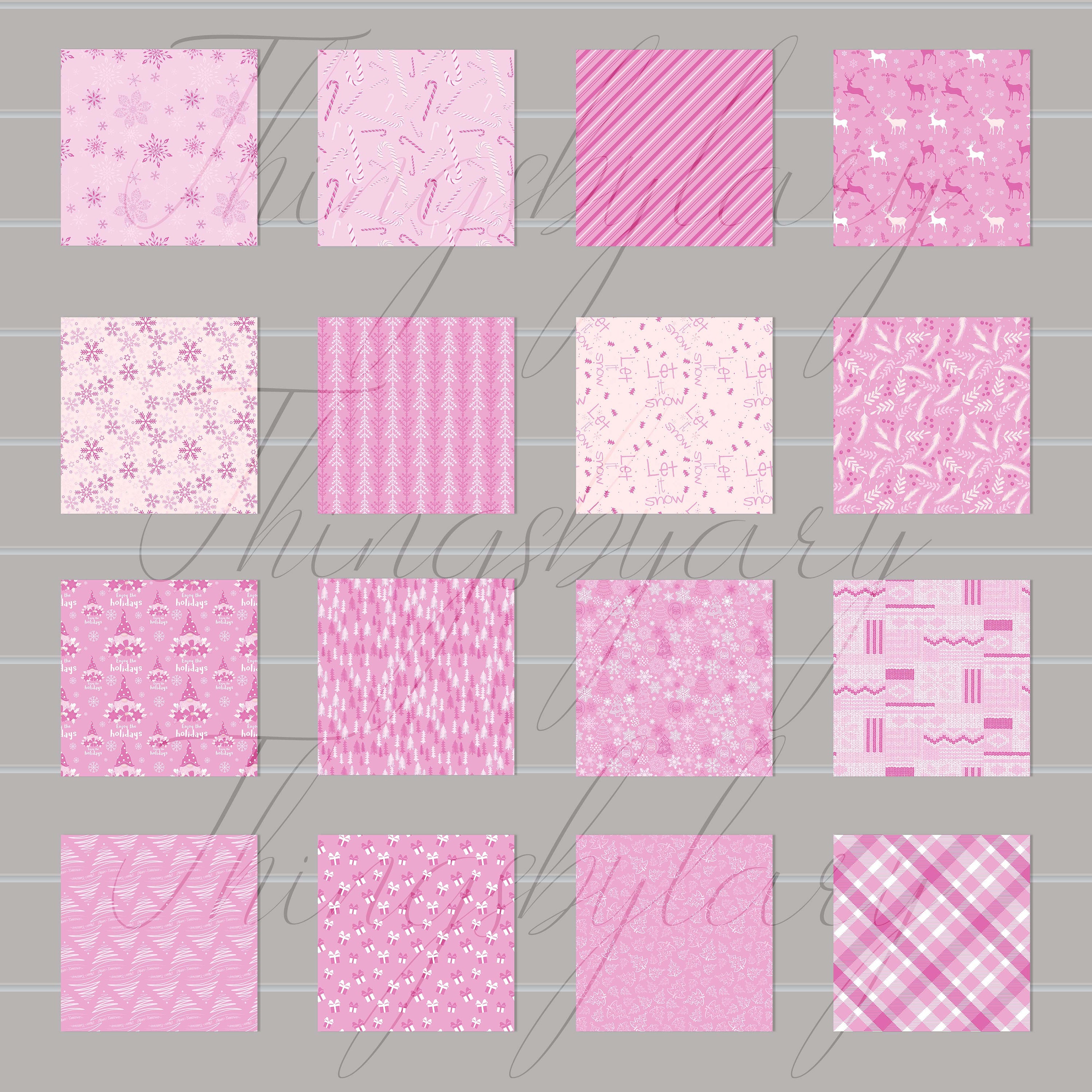 16 Seamless Pink Christmas Digital Papers 12" 300 Dpi Instant Download ...