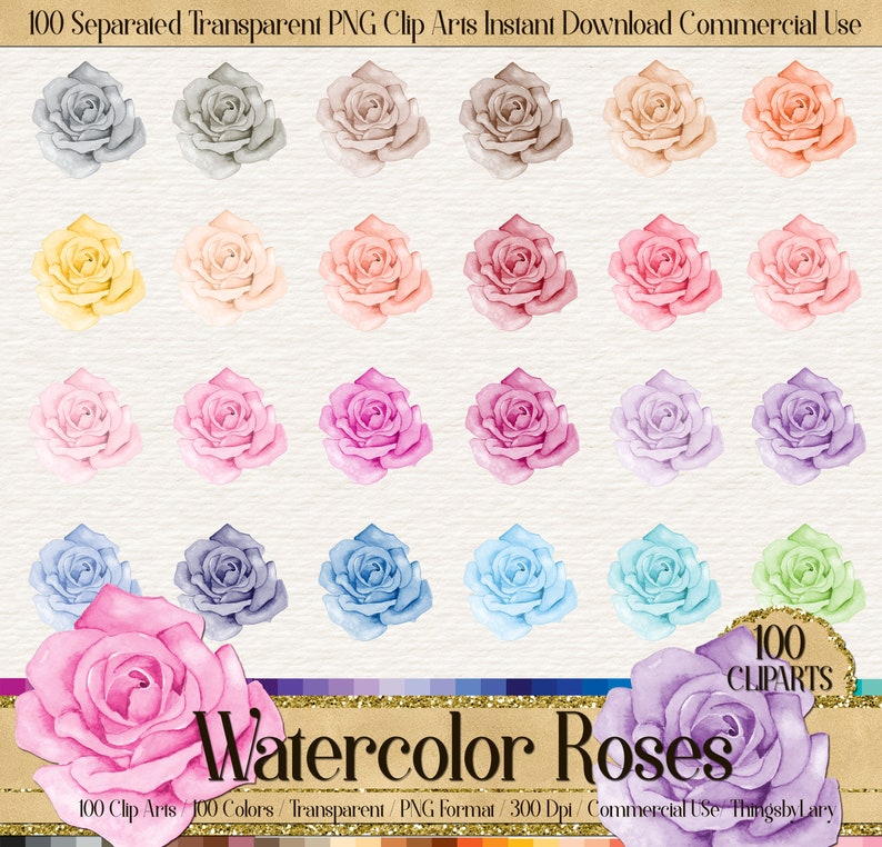 100 Hand Painted Watercolor Vintage Rose Clipart, Watercolor Clipart ...