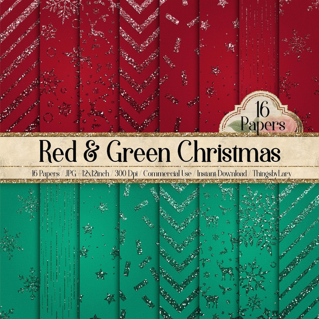 16 Red and Green Glitter Christmas Digital Papers 12" 300 Dpi Instant ...