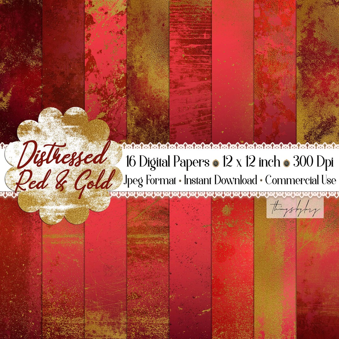16 Distressed Red and Gold Digital Papers 12" 300 Dpi Planner Paper ...