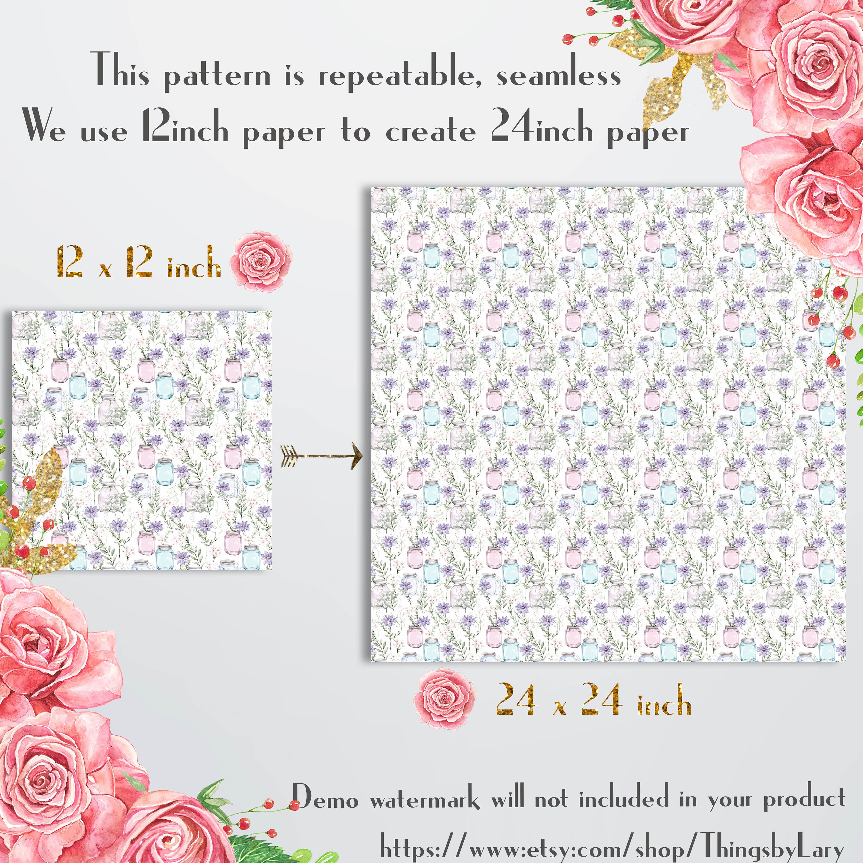 30 Seamless Watercolor Flower Mason Jars Digital Papers Digital Papers ...