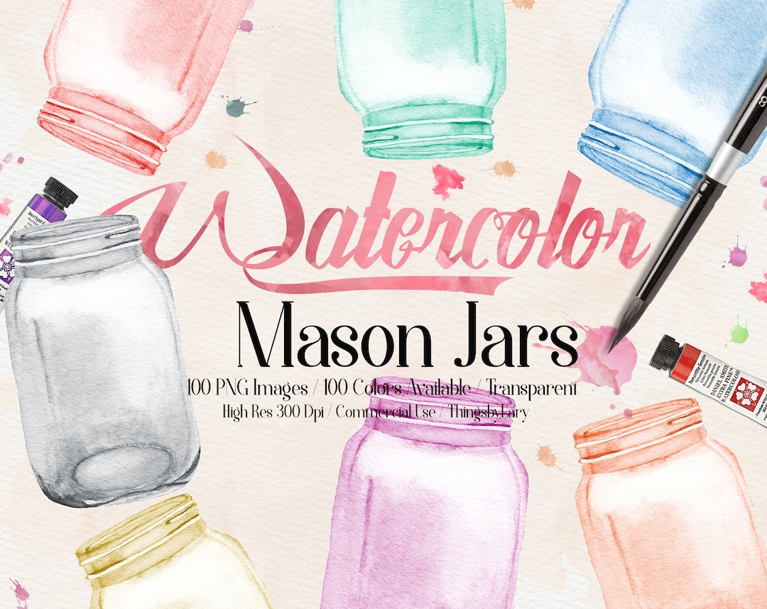 100 Watercolor Mason Jar Clip Arts,300 Dpi Planner Clipart ...