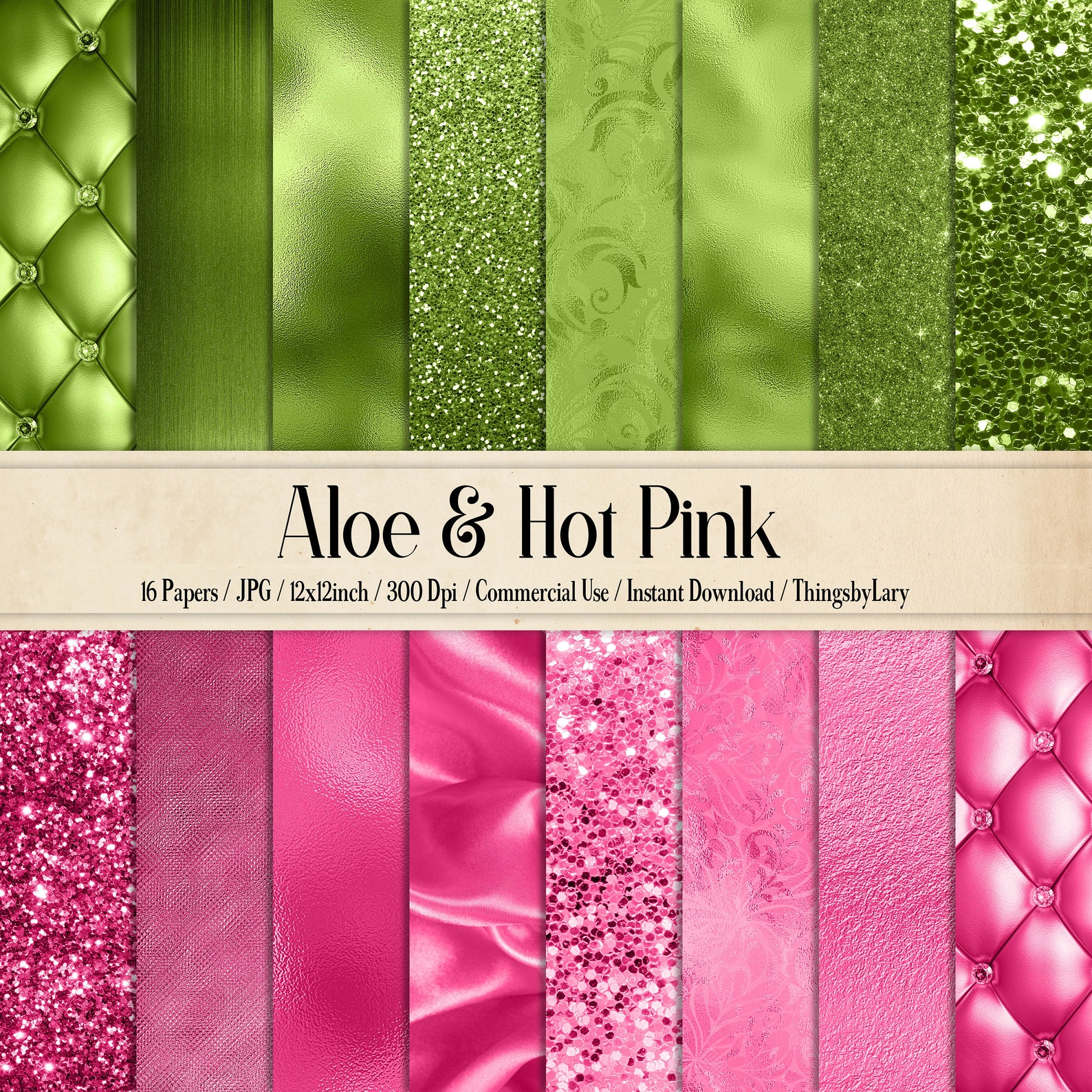 16 Luxury Aloe and Hot Pink Digital Paper Pack Commercial | Etsy