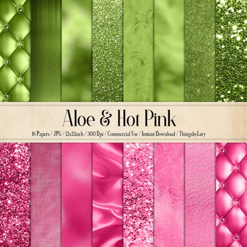 16 Luxury Aloe and Hot Pink Digital Paper Pack, Commercial Use, Luxury ...