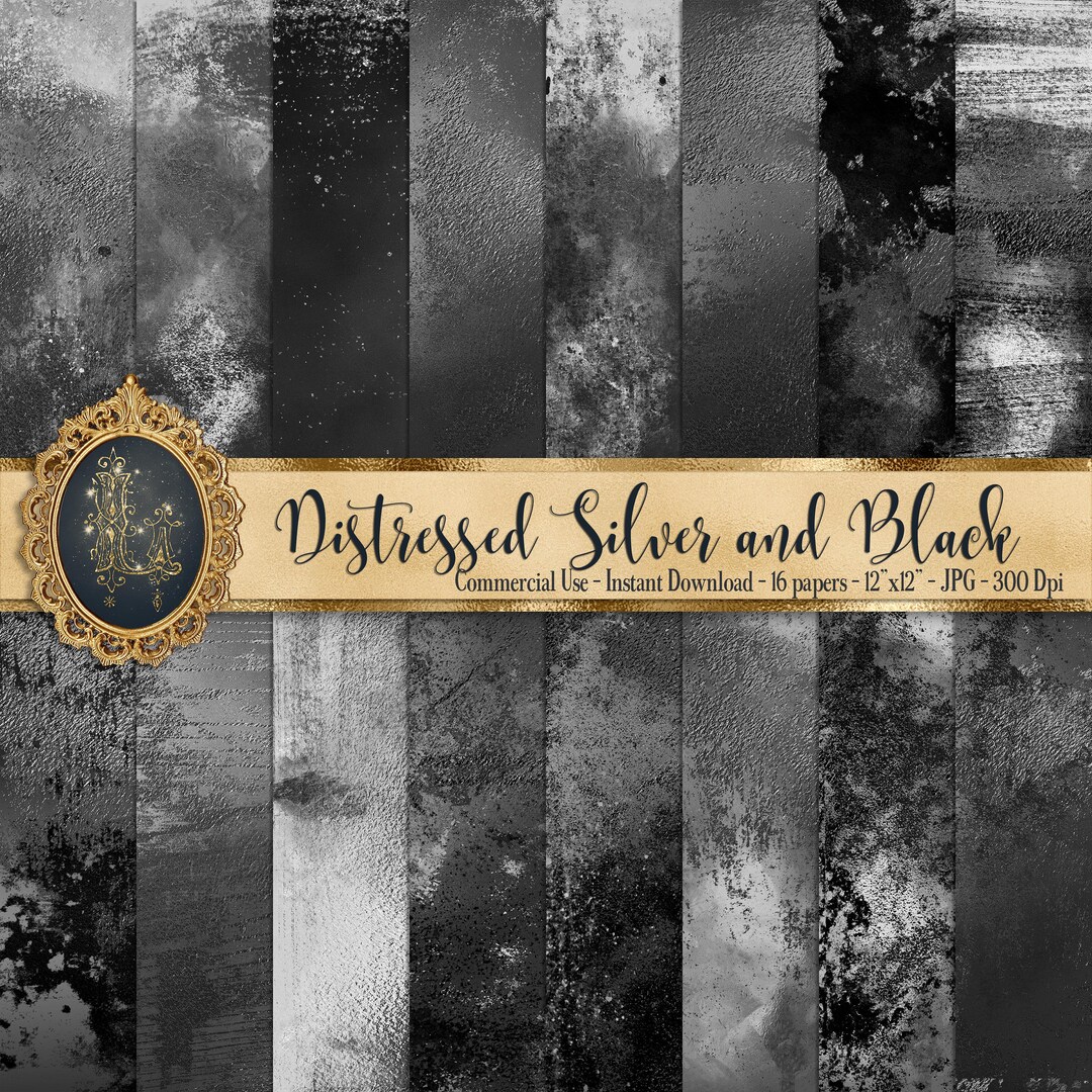 16 Distressed Metallic Silver Foil and Black Digital Papers 12" 300 Dpi ...