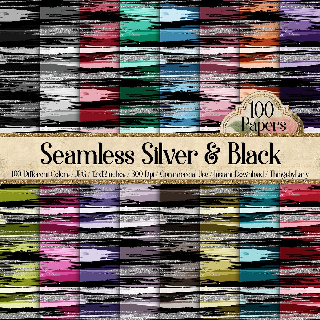 100 Seamless Black Silver Glitter Brush Stroke Digital Papers ...
