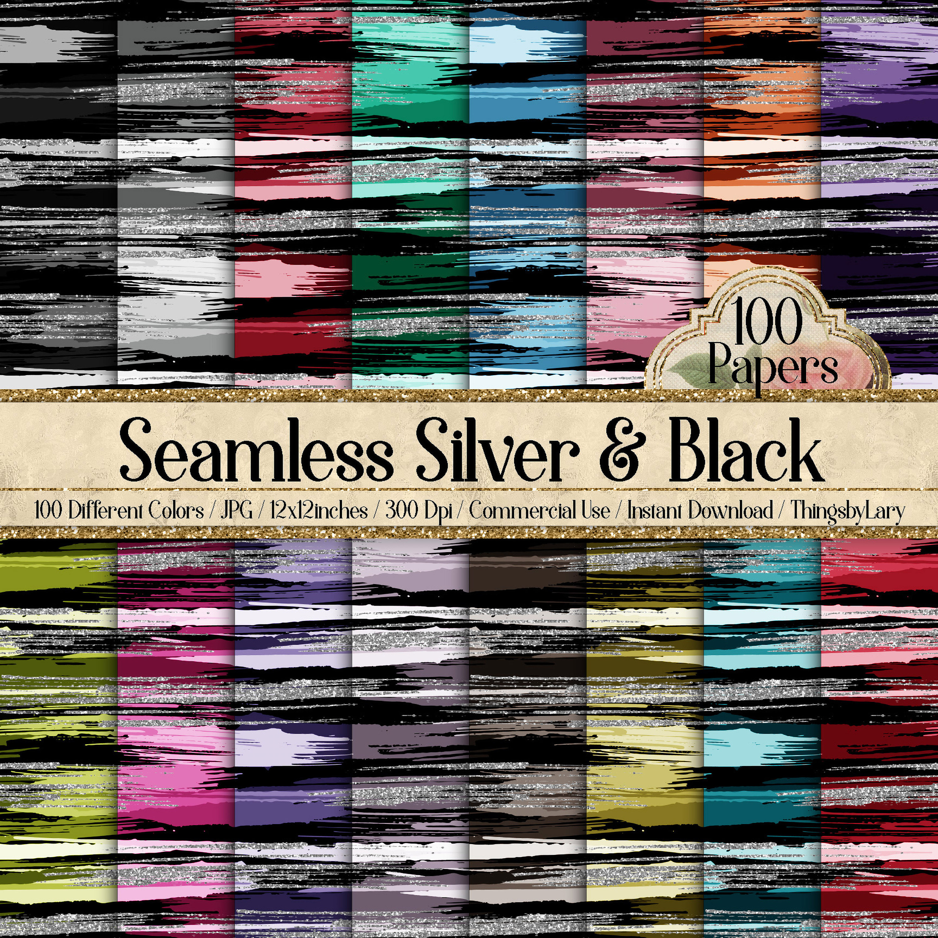 100 Seamless Black Silver Glitter Brush Stroke Digital Papers ...