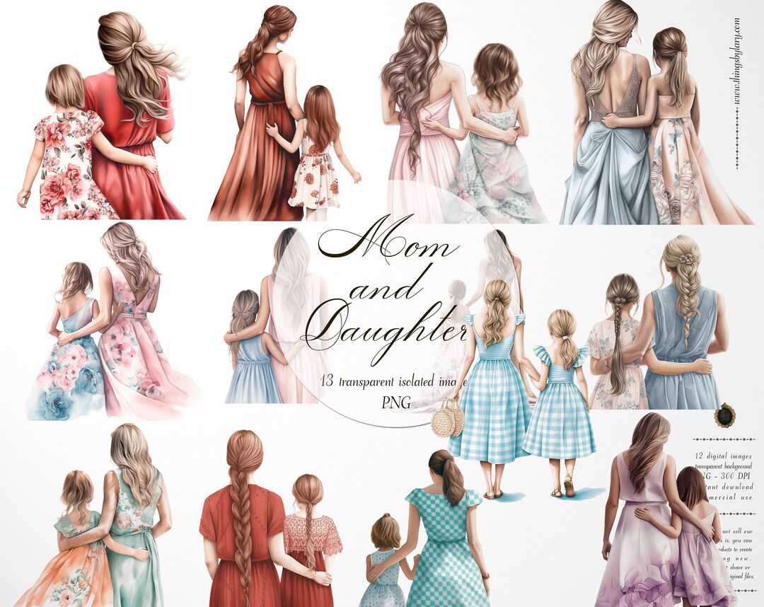 13 Watercolor Mom and Daughter From the Back View Isolated Transparent ...