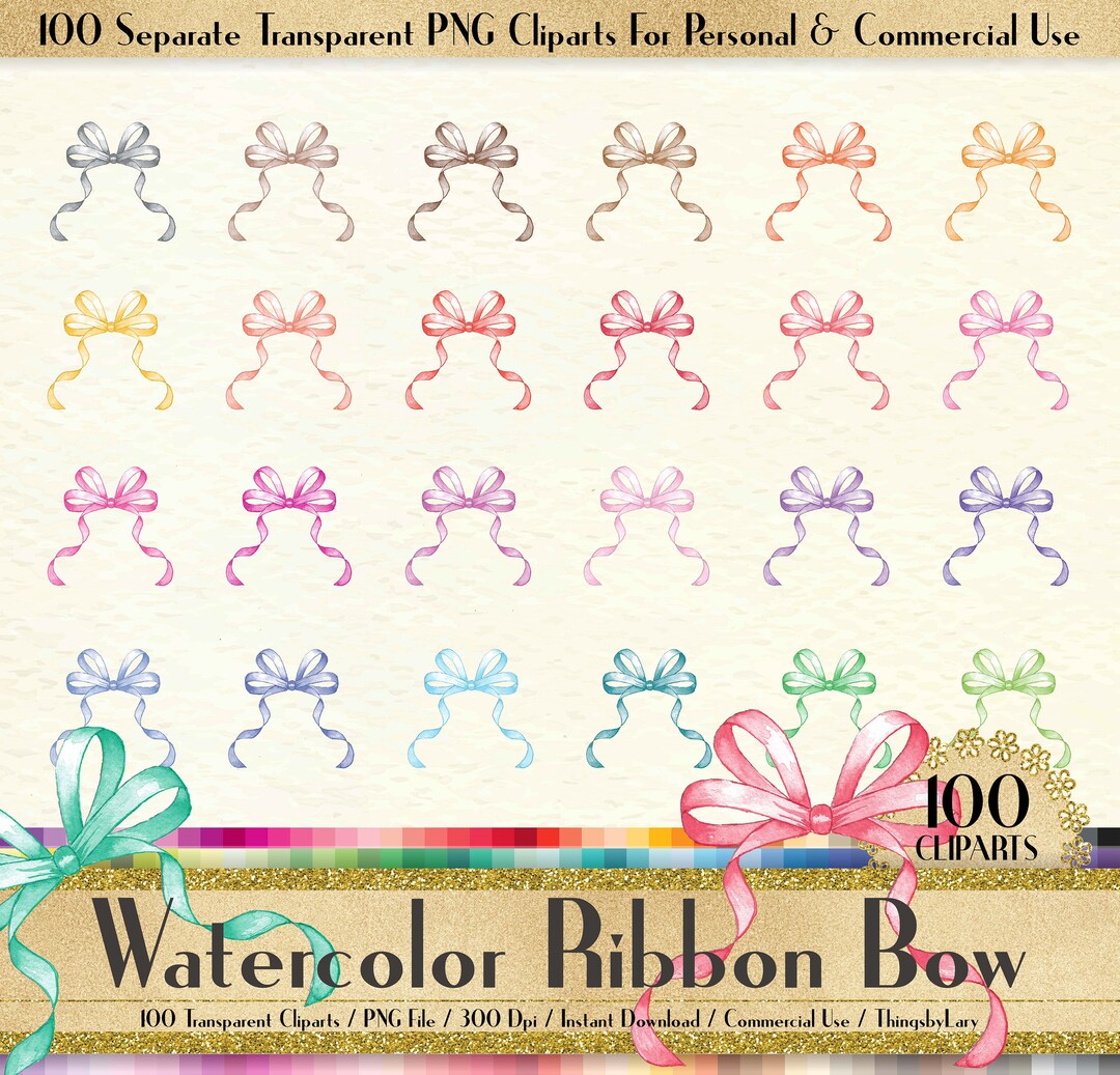 100 Watercolor Ribbon Bow Clipart,100 Watercolor Clipart,png Clipart ...