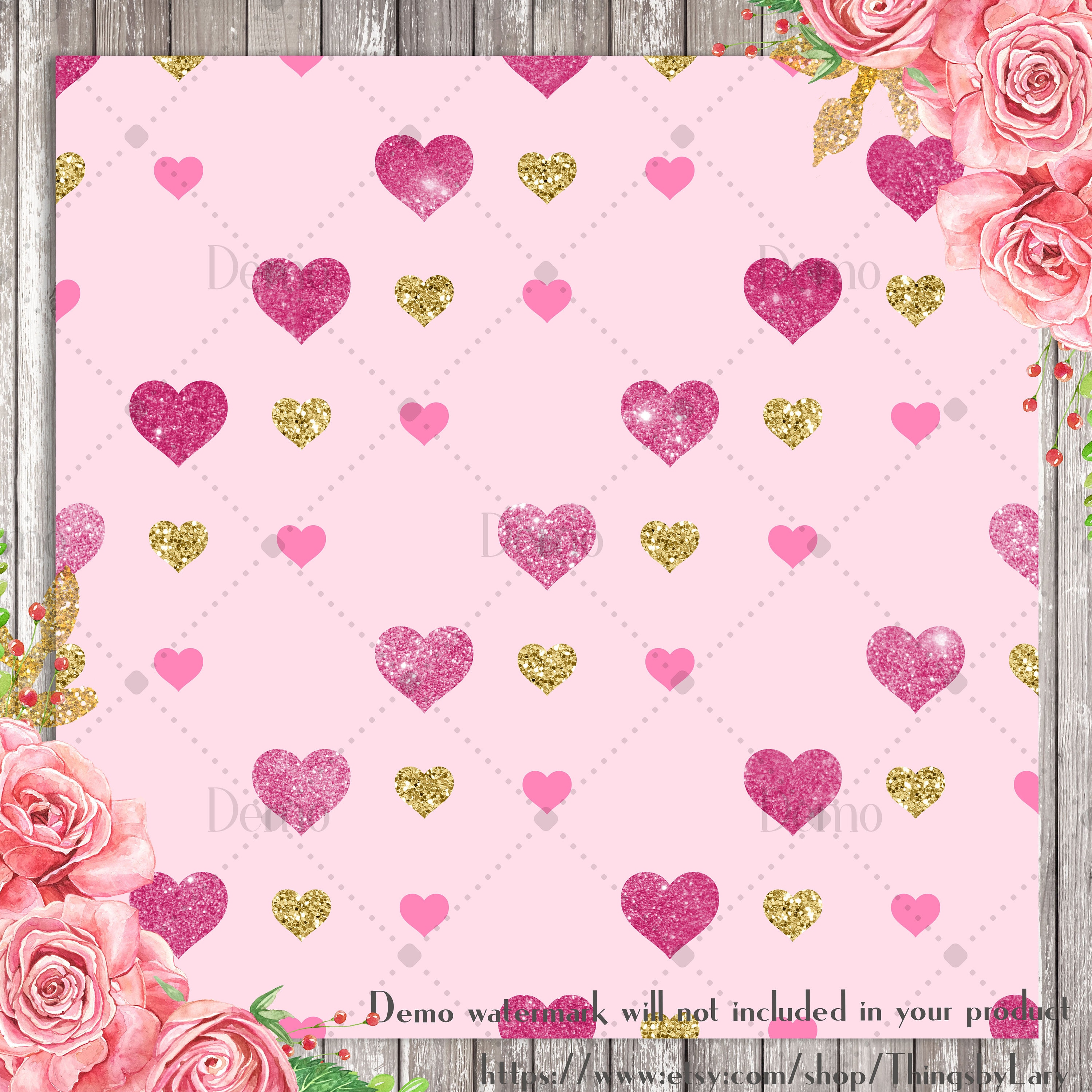 16 Gold Glitter and Pink Heart Digital Papers Commercial Use, Glitter ...