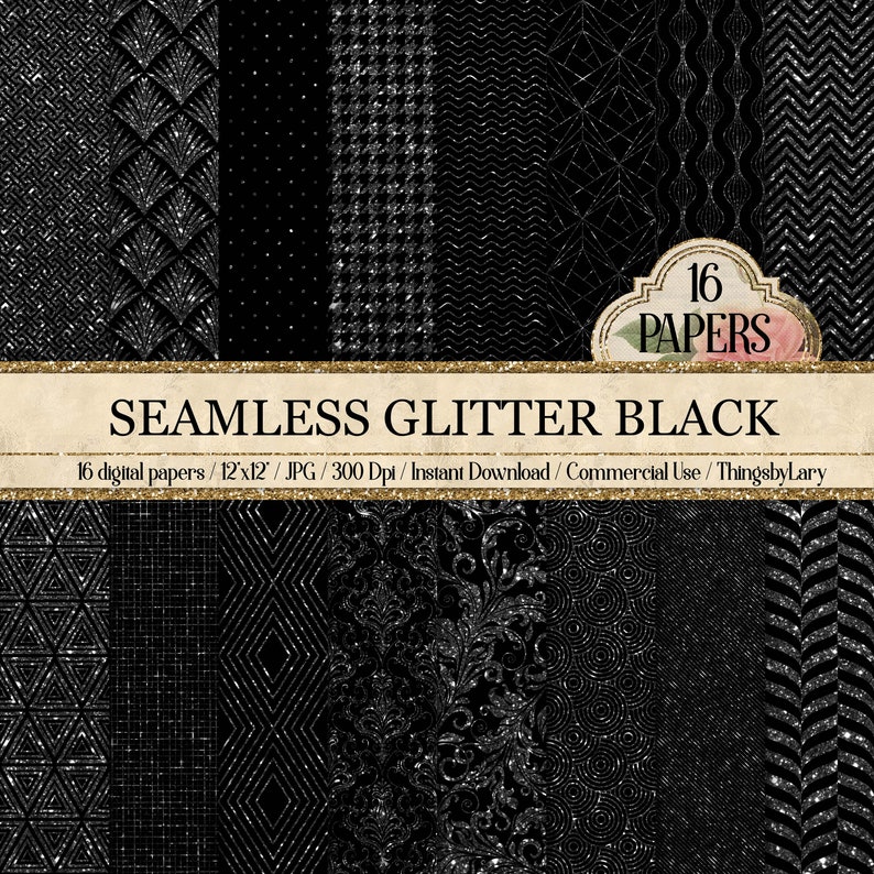 16 Seamless Glitter Black Digital Papers 300 Dpi Commercial Use Black ...