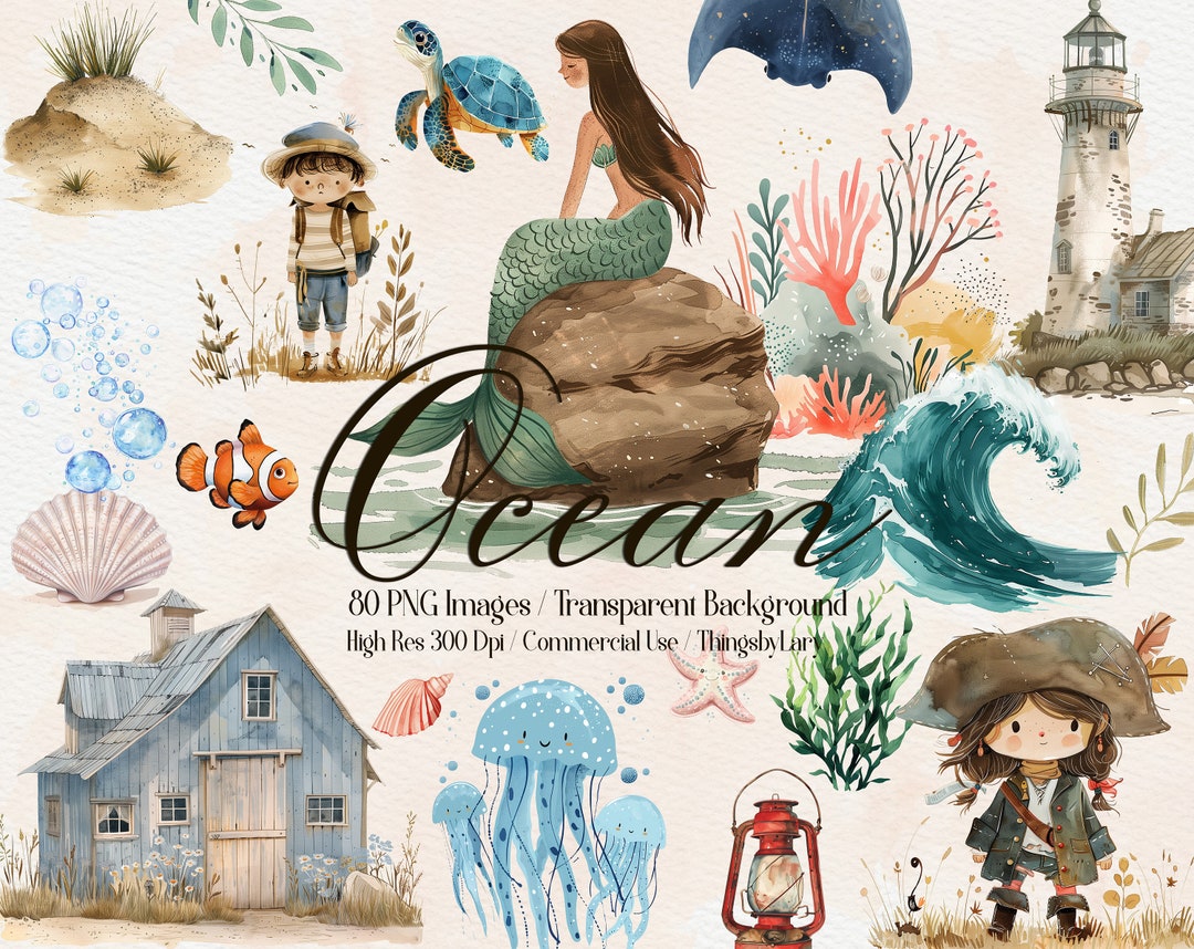 80 Watercolor Sea Ocean Underwater PNG Clip Art Commercial Use Dolphin ...