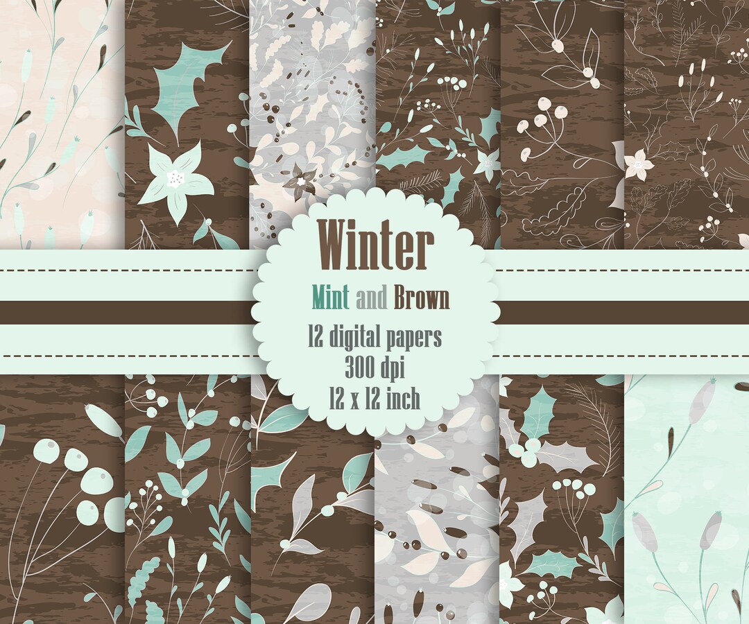 12 Winter Floral Digital Papers in Mint and Brown Color in 12 Inch ...