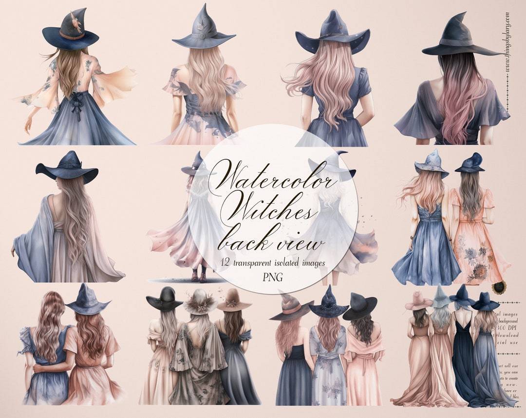 12 Watercolor Pink and Indigo Girls Witches From Back View Isolated ...