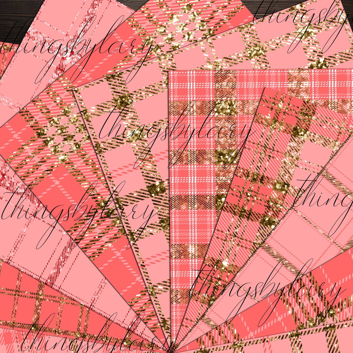 16 Gold Glitter and Peach Plaid Tartan Digital Paper Pack 12inch 300 ...