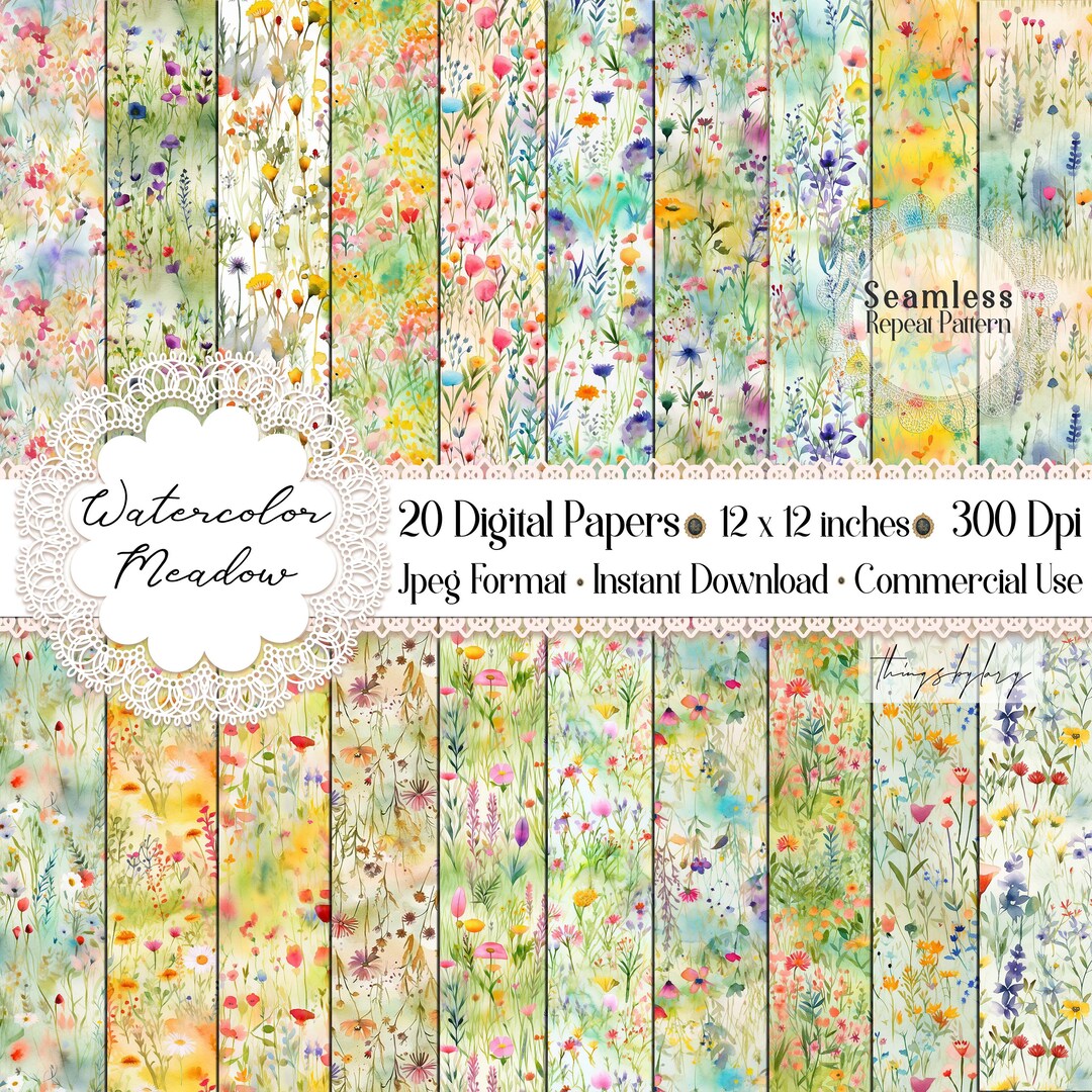 20 Seamless Watercolor Meadow Pattern Digital Papers 12" Instant ...
