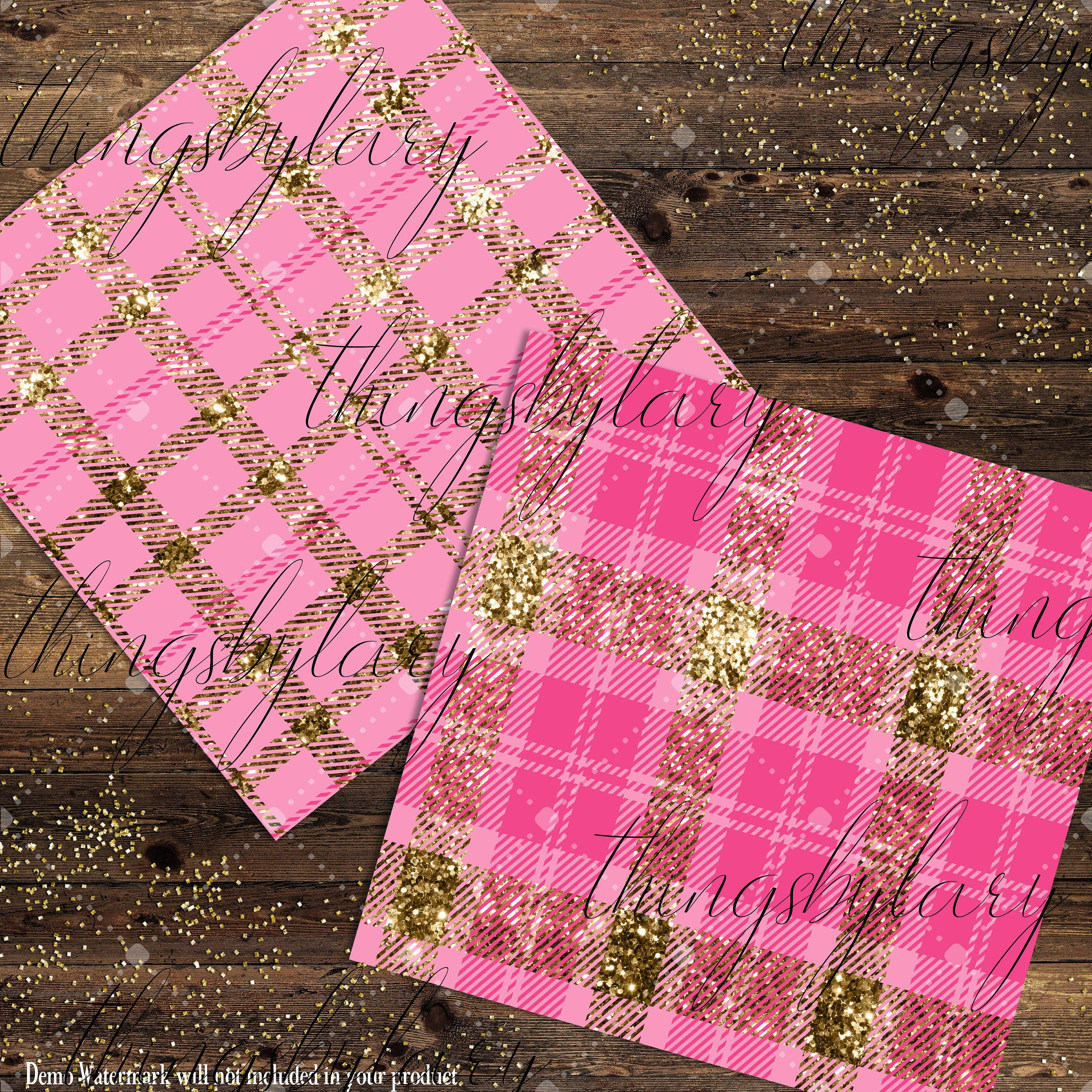 16 Luxury Gold and Pink Glitter Plaid Tartan Digital Paper Pack 12inch ...