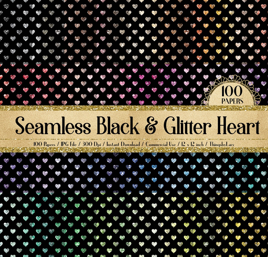 100 Seamless Black and Glitter Heart Pattern Digital Papers 12x12" 300 ...