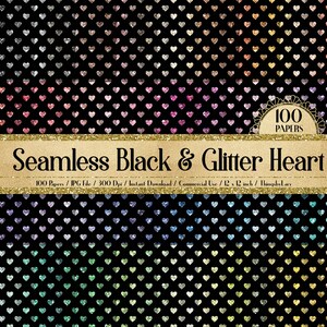 100 Seamless Black and Glitter Heart Pattern Digital Papers 12x12" 300 ...