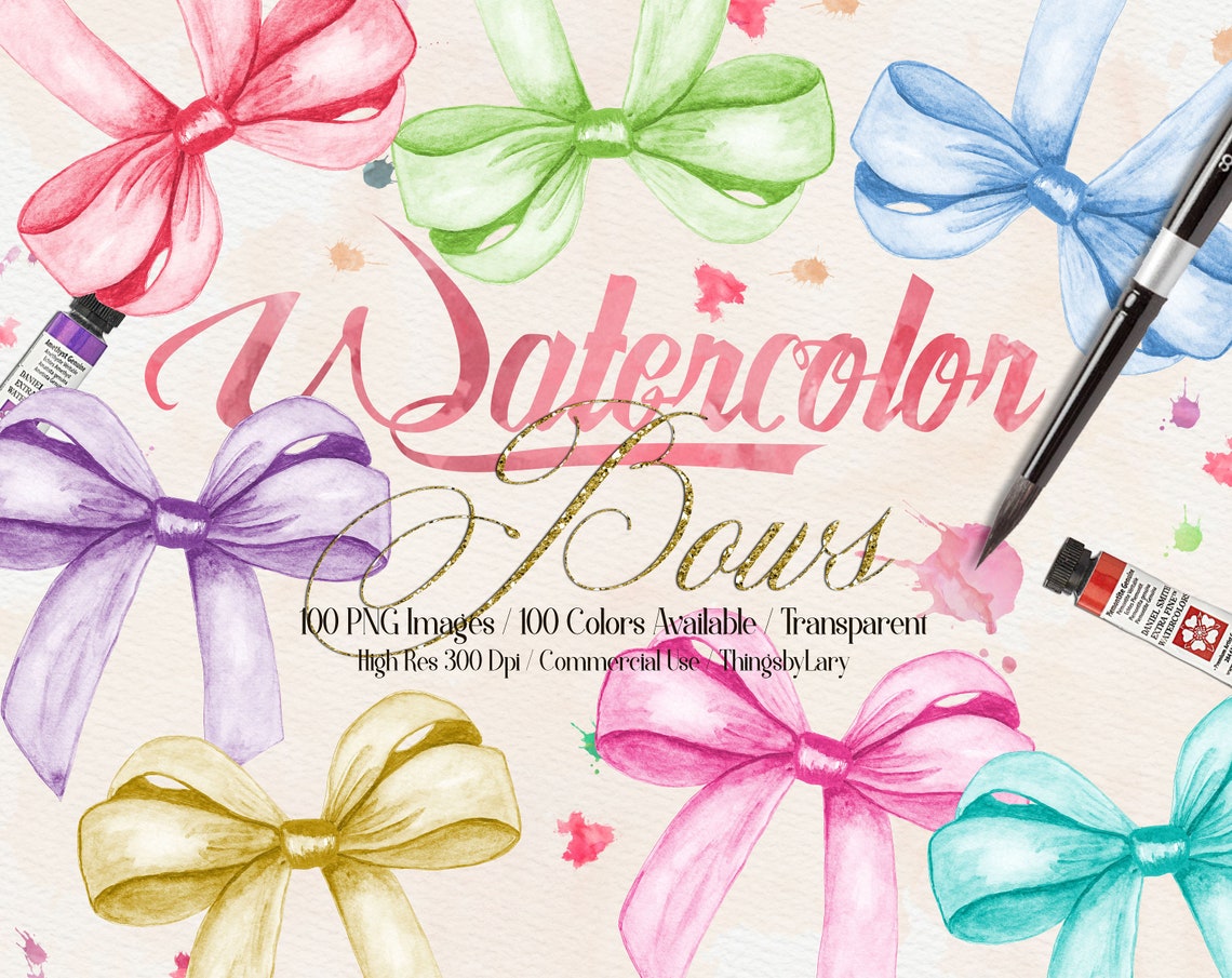 100 Hand Painted Watercolor Bow Clipart Bow Clipart Watercolor Clipart ...