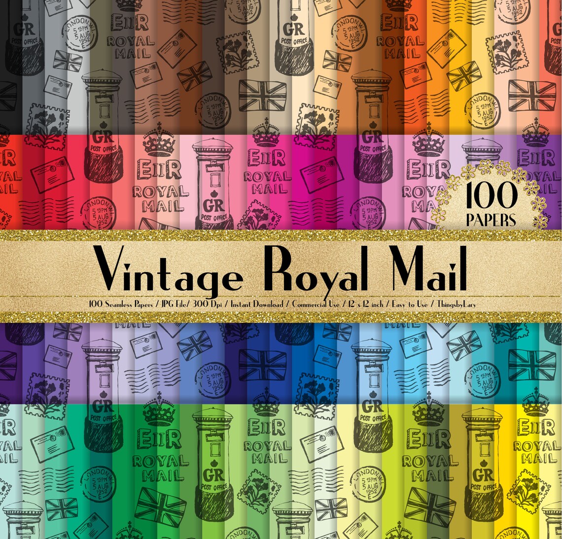 100 Seamless Vintage Royal Mail Papers in 12" X 12", 300 Dpi Planner ...