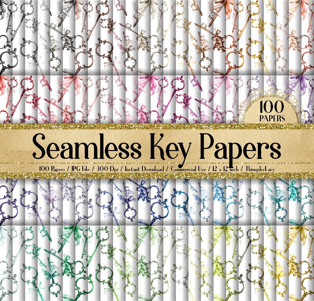 100 Seamless Watercolor Key and Bow Papers 12 Inch 300 Dpi Commercial ...
