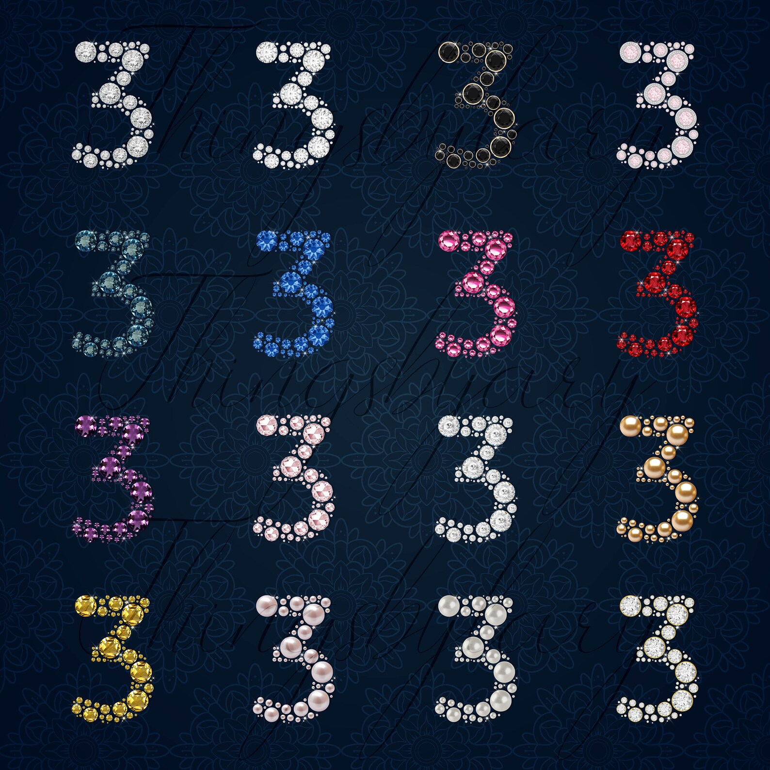 32 Diamond Pearl Rhinestone Number 3 Digital Clip Arts 300 Dpi | Etsy