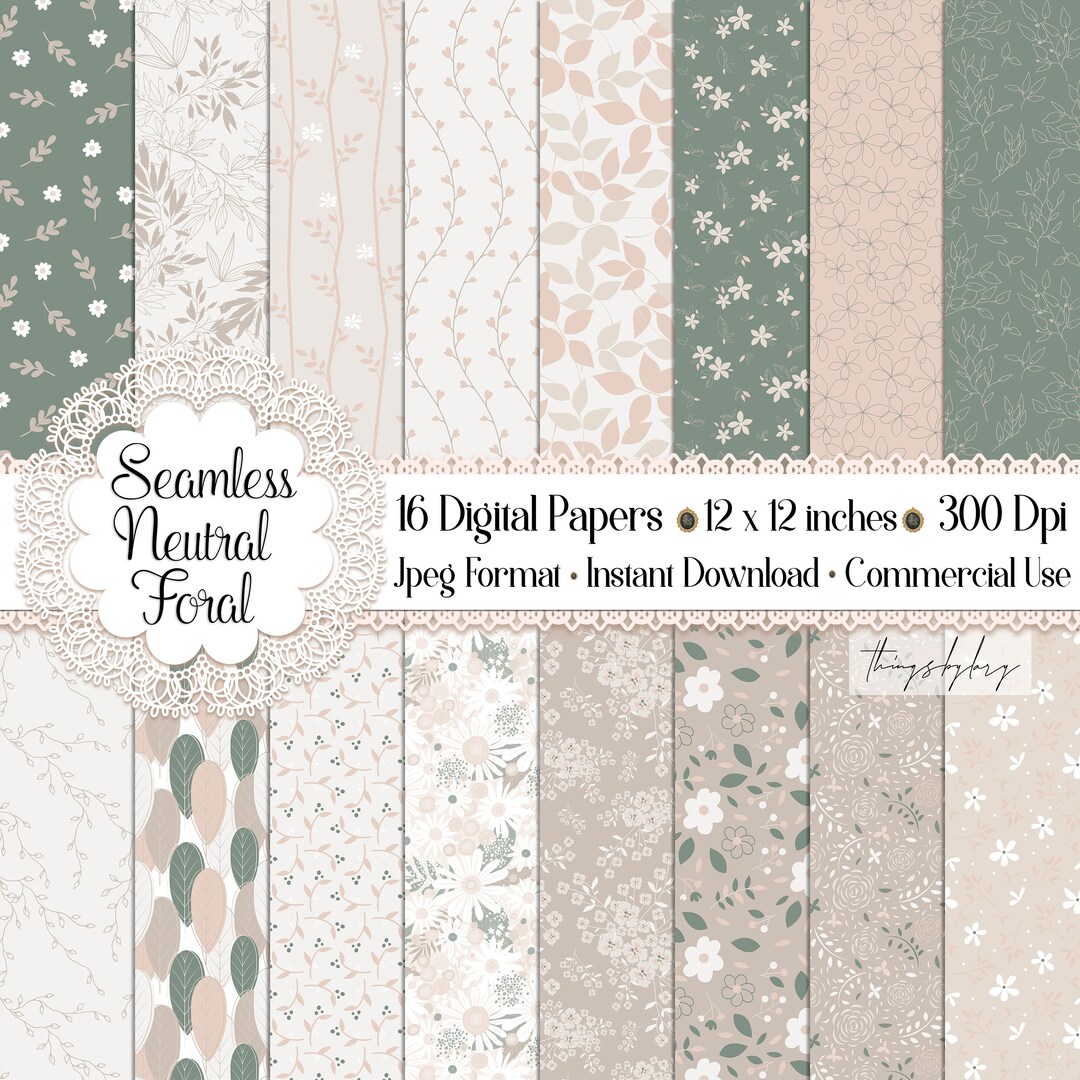 16 Seamless Neutral Floral Digital Papers 12" 300 Dpi Military ...