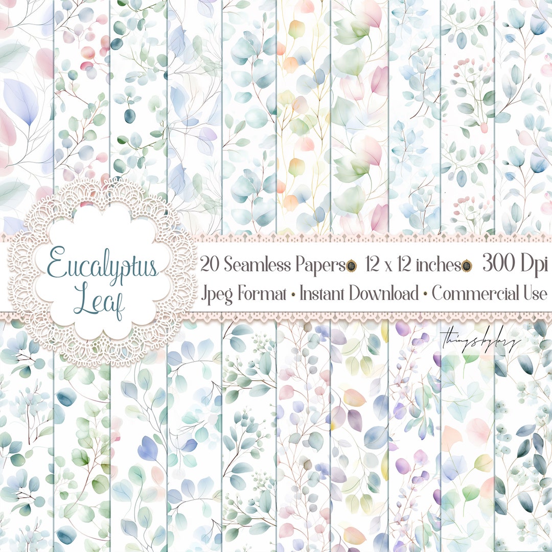 20 Seamless Watercolor Eucalyptus Leaf Digital Papers Commercial Use ...