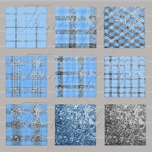 16 Luxury Silver and Light Blue Glitter Plaid Tartan Digital Paper Pack ...