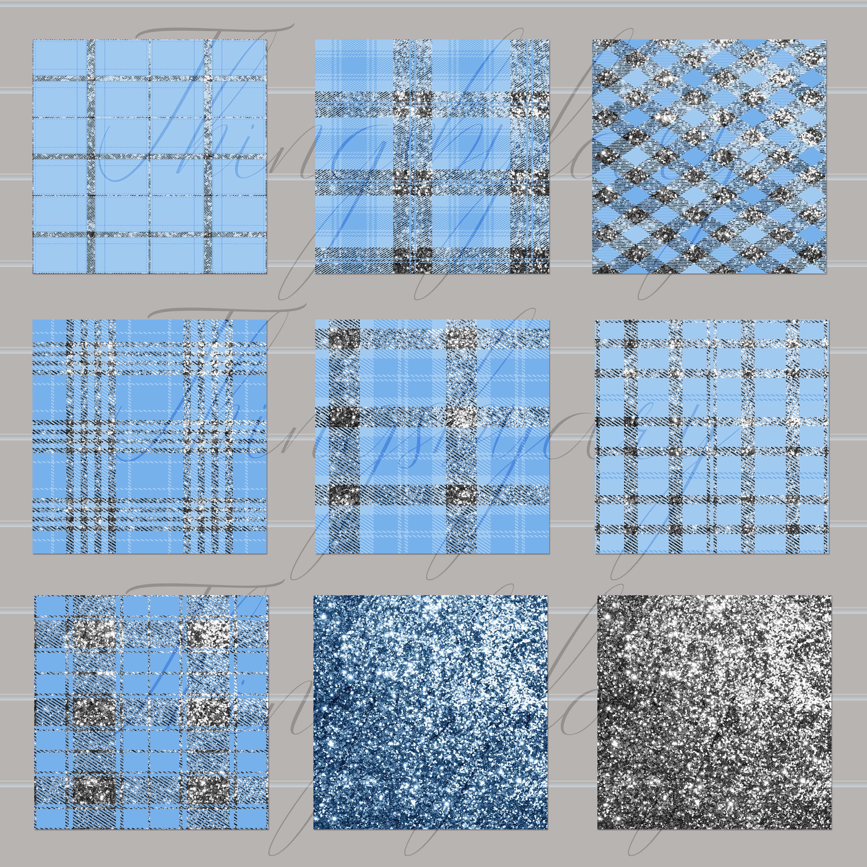 16 Luxury Silver and Light Blue Glitter Plaid Tartan Digital Paper Pack ...