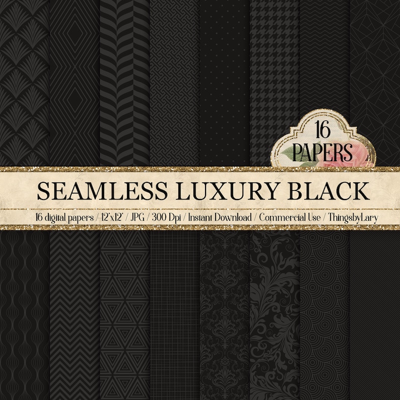 16 Seamless Luxury Black Digital Papers 300 Dpi Commercial Use Black ...
