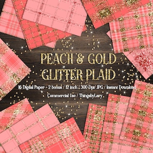 16 Gold Glitter and Peach Plaid Tartan Digital Paper Pack 12inch 300 ...