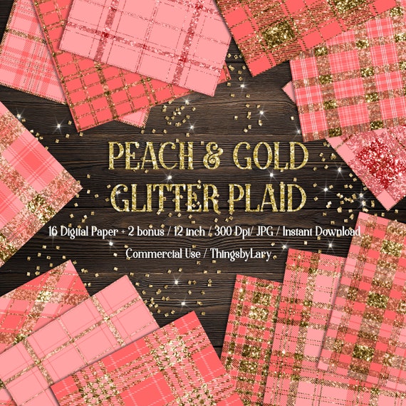 16 Gold Glitter and Peach Plaid Tartan Digital Paper Pack | Etsy