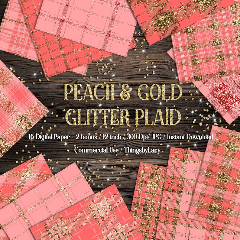 16 Gold Glitter and Peach Plaid Tartan Digital Paper Pack 12inch 300 ...
