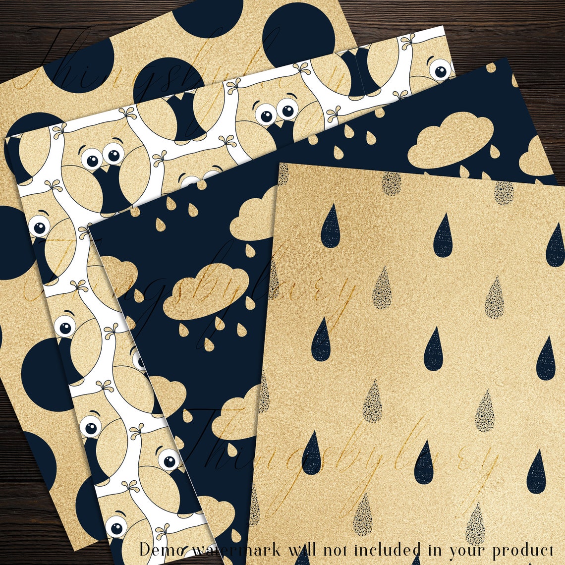 16 Cute Owl Pattern Gold Foil and Navy Blue Digital Papers in | Etsy