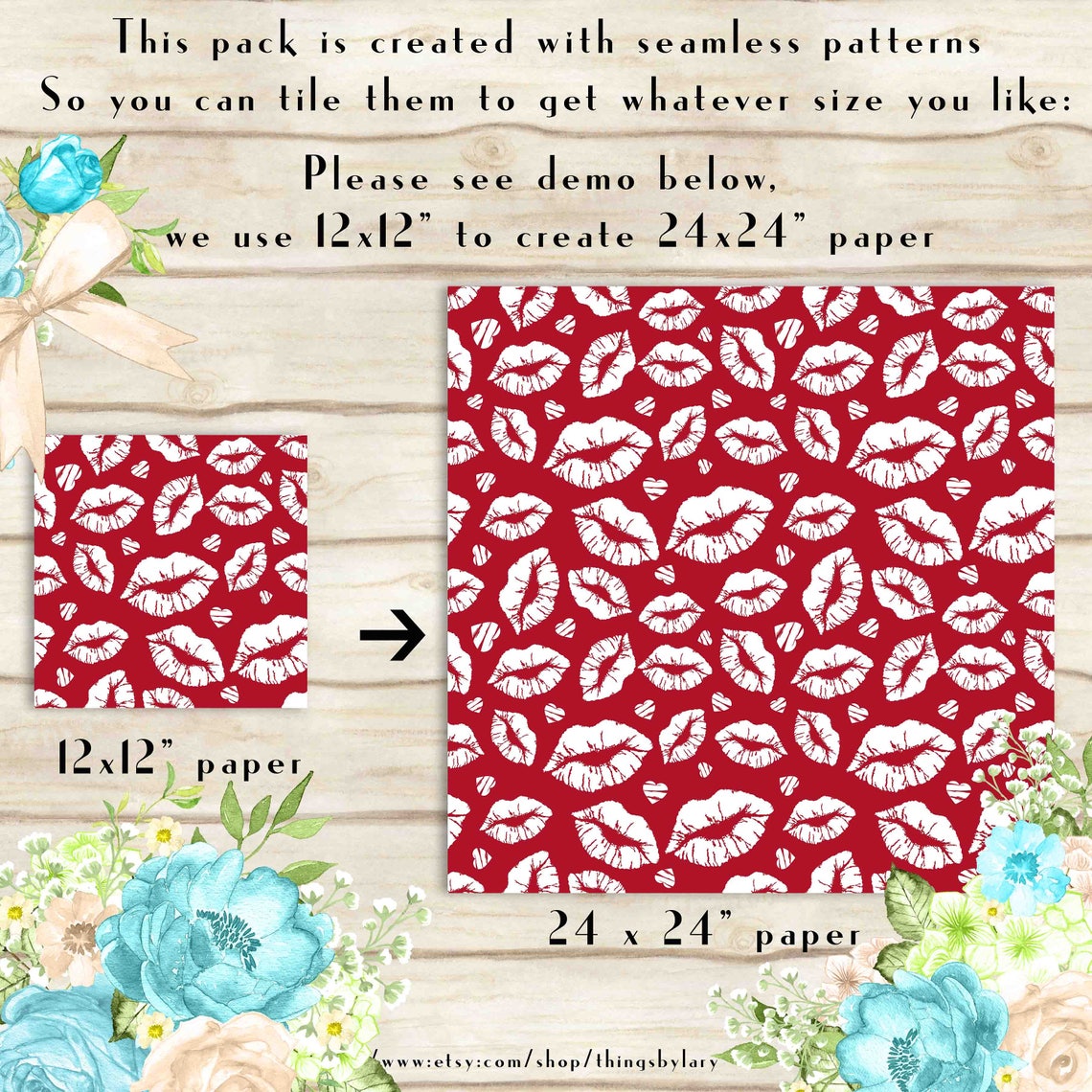 100 Seamless White Lipstick Kiss Love Valentine Papers in 12", Planner ...