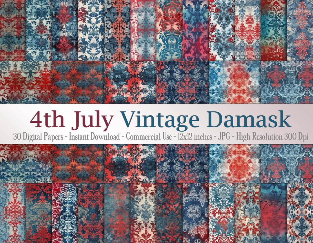 30 Seamless Vintage Red and Blue 4th July Damask Digtal Papers 12" 300 ...