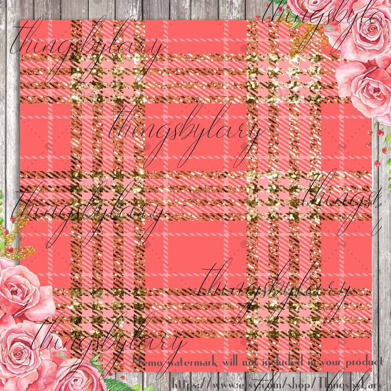 16 Gold Glitter and Peach Plaid Tartan Digital Paper Pack 12inch 300 ...