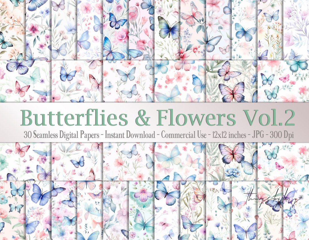 30 Seamless Watercolor Butterflies and Flowers Vol 2 Digital Papers ...