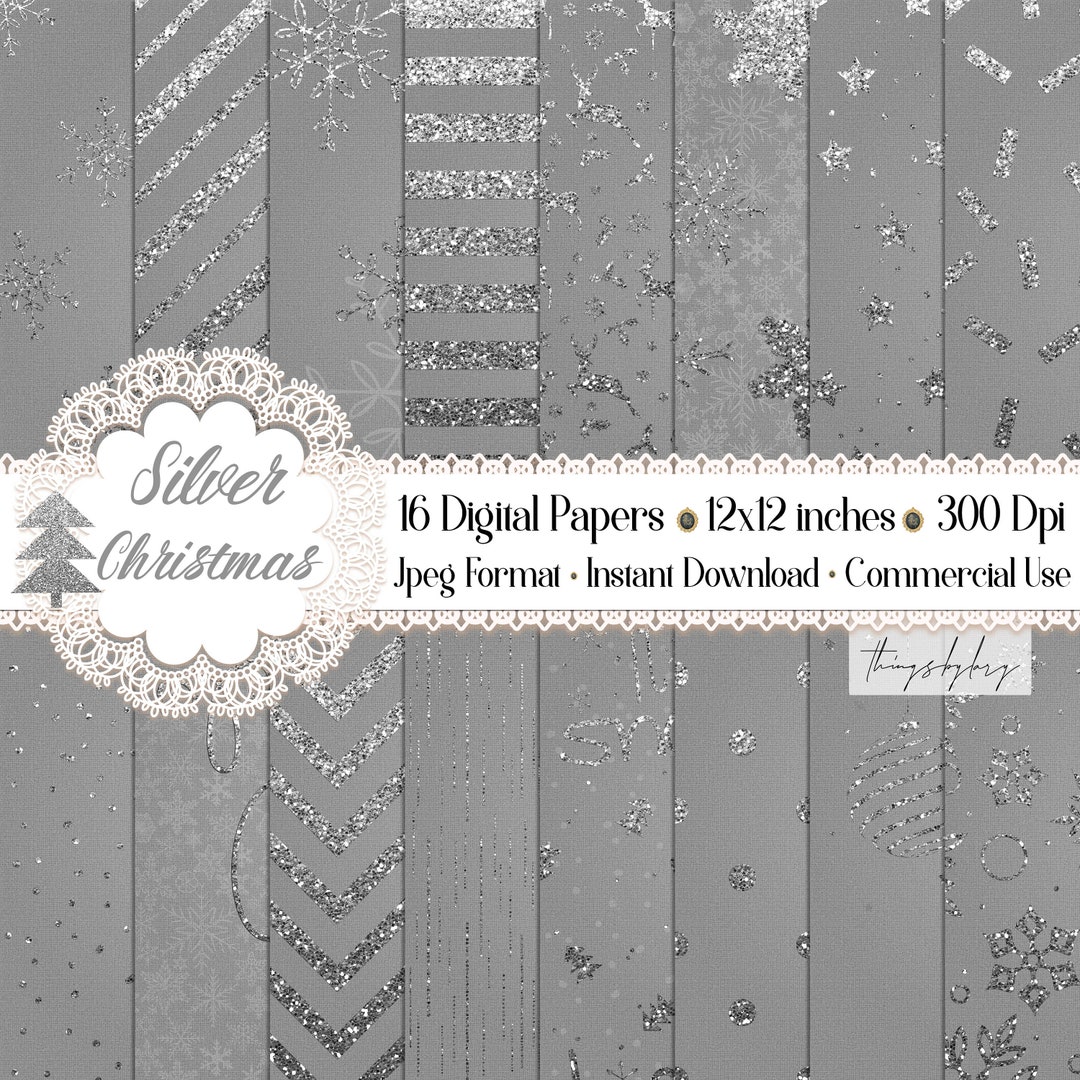 16 Silver Glitter Christmas Digital Papers 12x12 Inches Instant ...